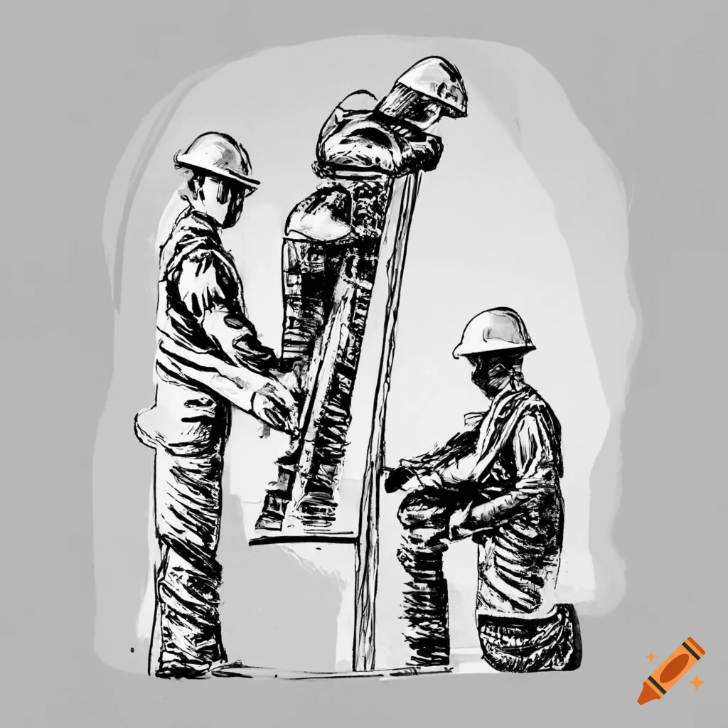 Two construction workers helping each other on Craiyon