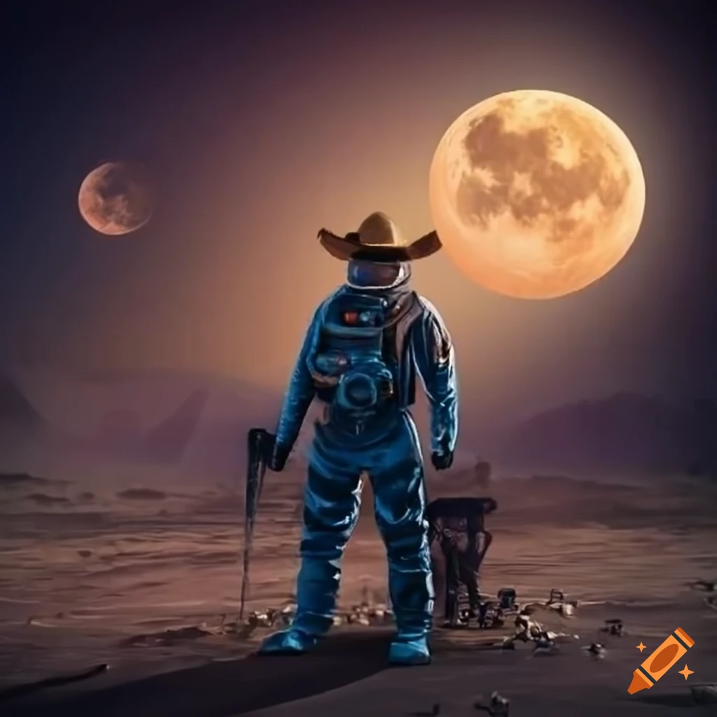 Cowboy astronaut outside a western saloon on a planet with two moons on ...