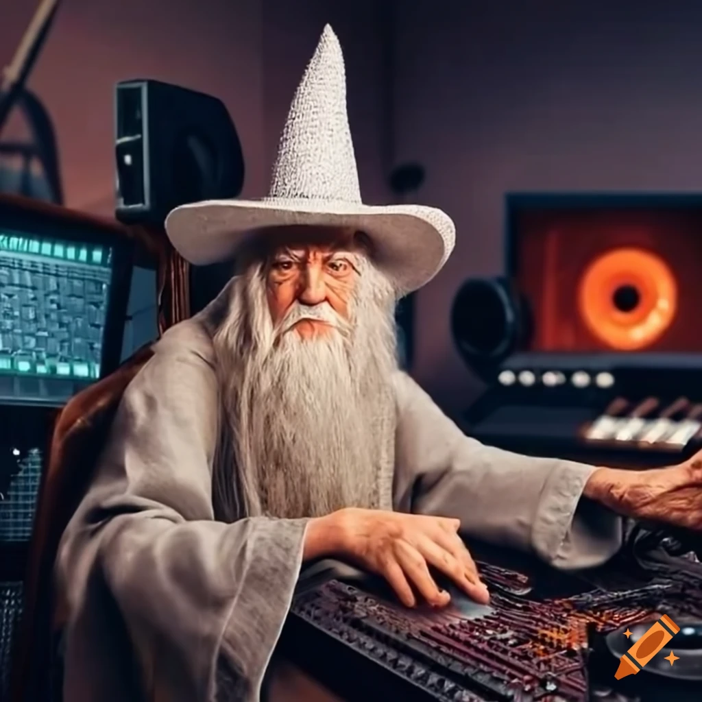Wizard gandalf in a modern recording studio with high-tech equipment on ...