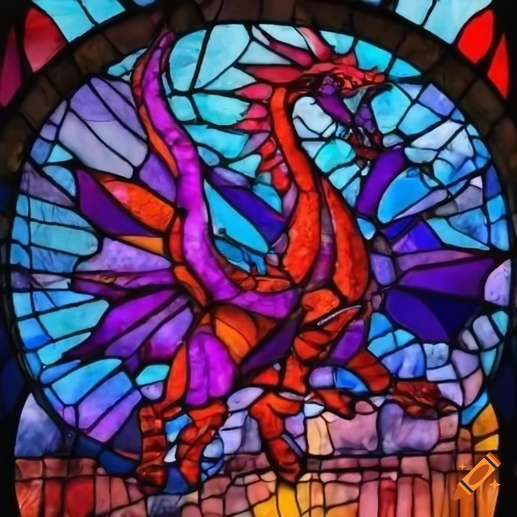 Stained glass window of a red, blue, and purple dragon on Craiyon