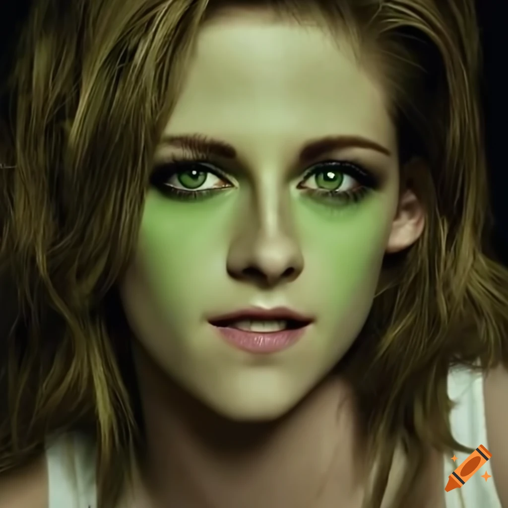 Kristen Stewart portraying 'The Mask' with green face paint on Craiyon
