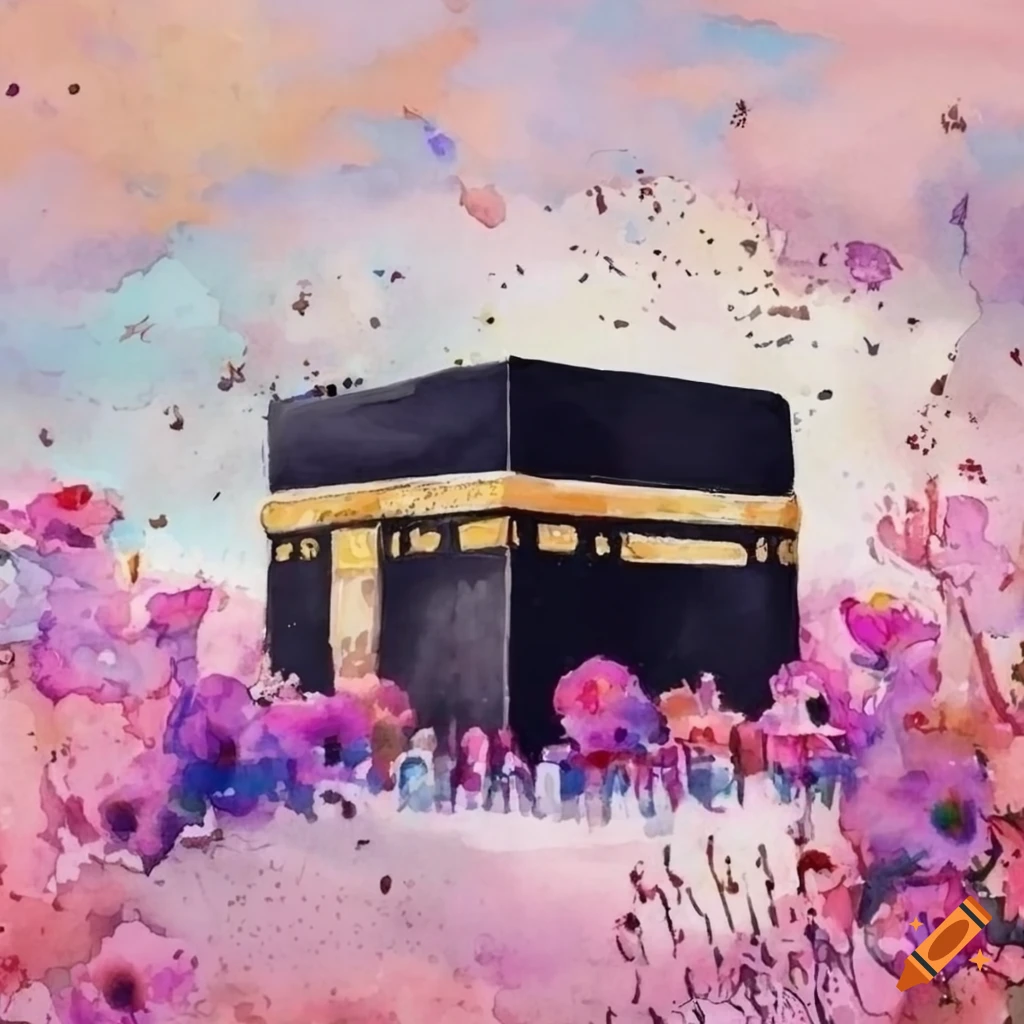 Watercolor painting of the kaaba in mecca surrounded by flowers against ...