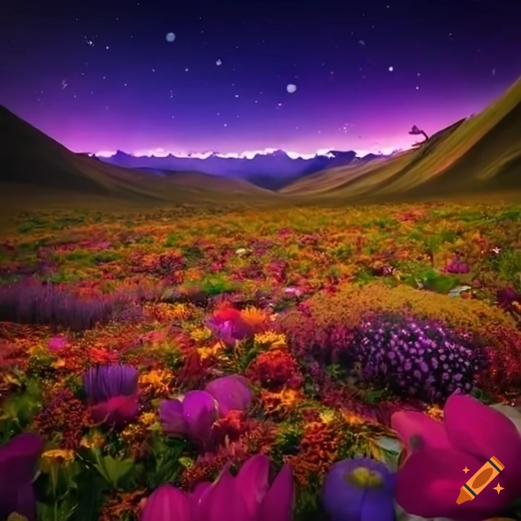 Colorful flowers on an intergalactic planet landscape on Craiyon