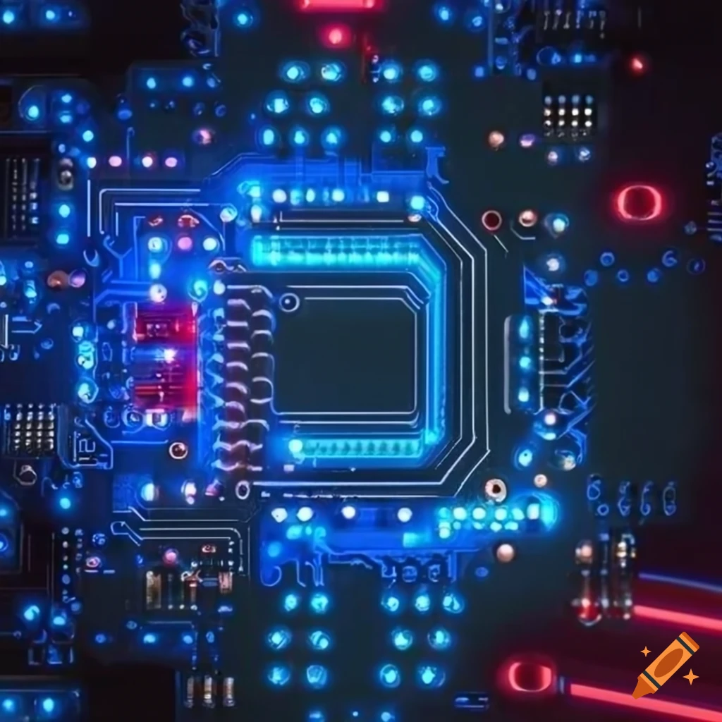 High resolution pcb with glowing blue and red components on Craiyon
