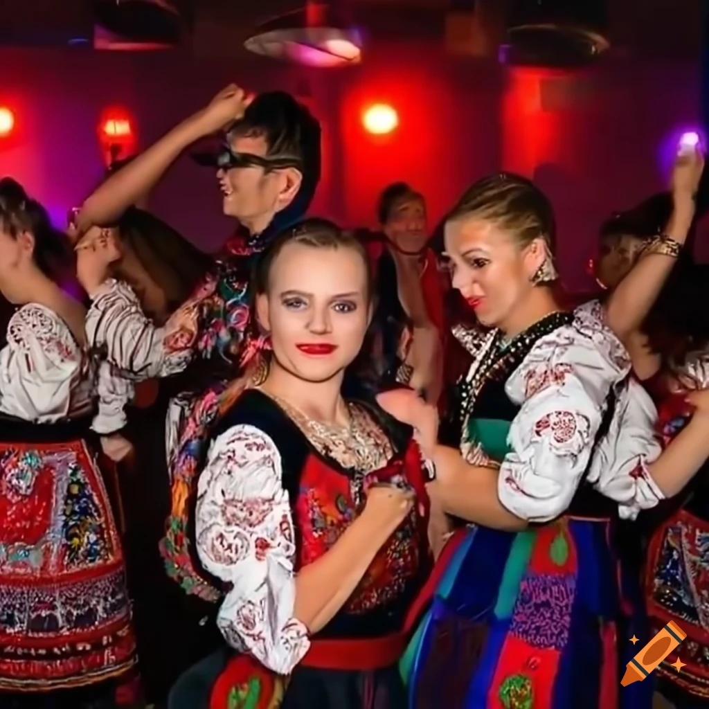 Slovakian folklore dancers enjoying a lively club rave on Craiyon