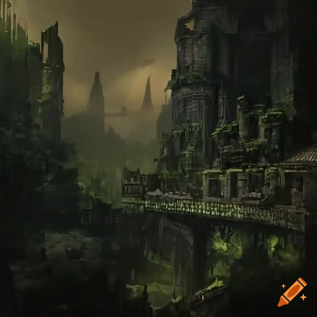 Overgrown ruins of a fantasy city on Craiyon