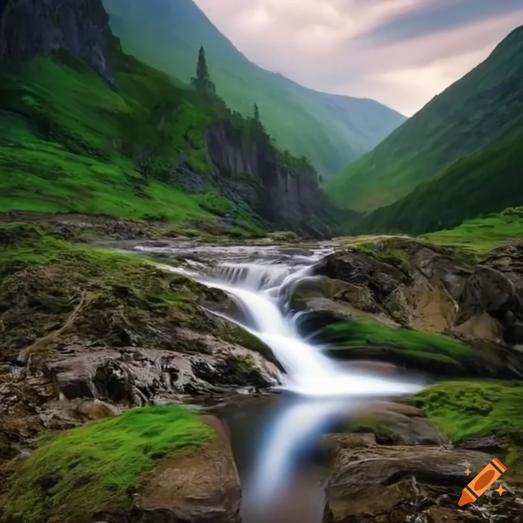 Scenery of a beautiful valley with a shallow waterfall in hyper ...