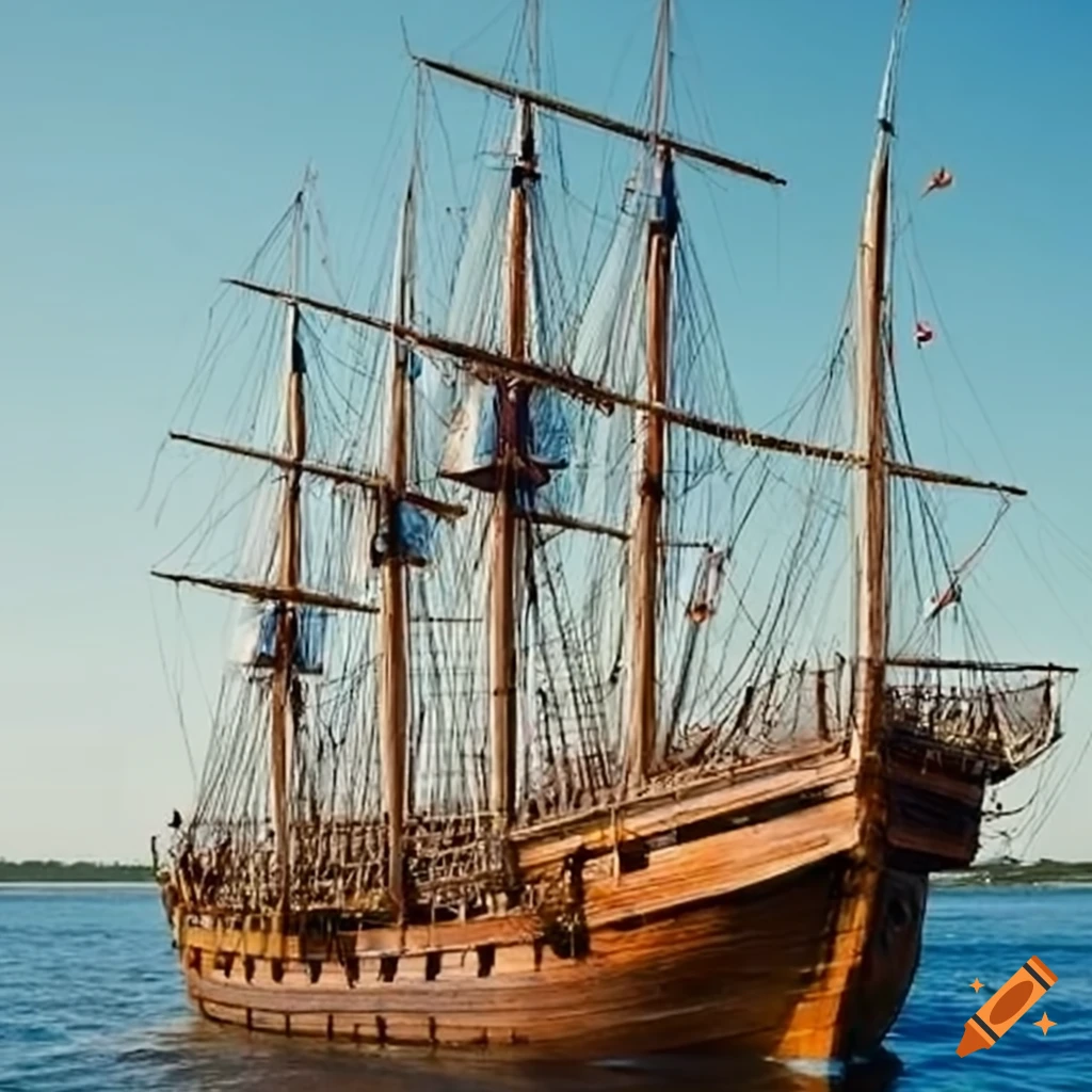 Wooden ship with four masts and three balconies on Craiyon