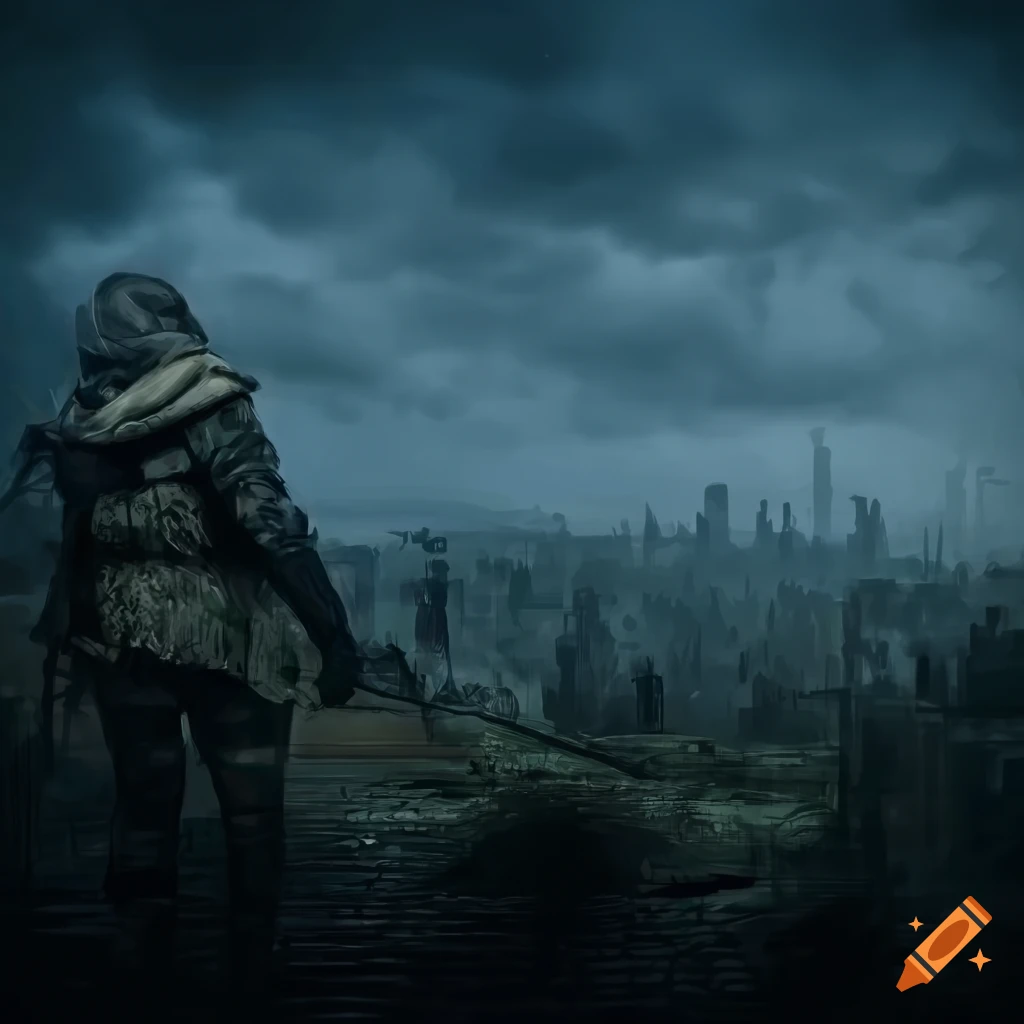 Apocalyptic survivor looking into the raining blue sky with abandoned ...