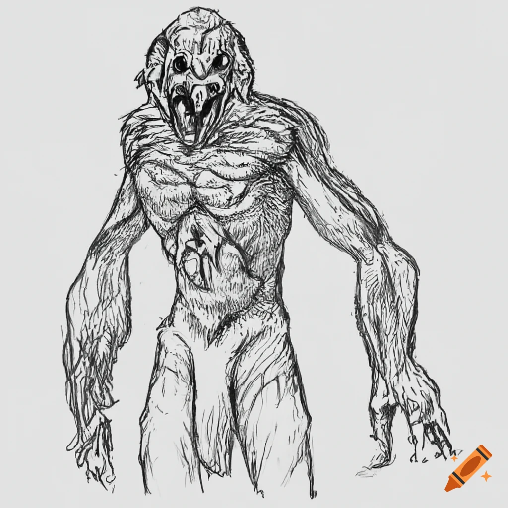 Black and white sketch of a detailed and stylized Skinwalker cryptid on ...