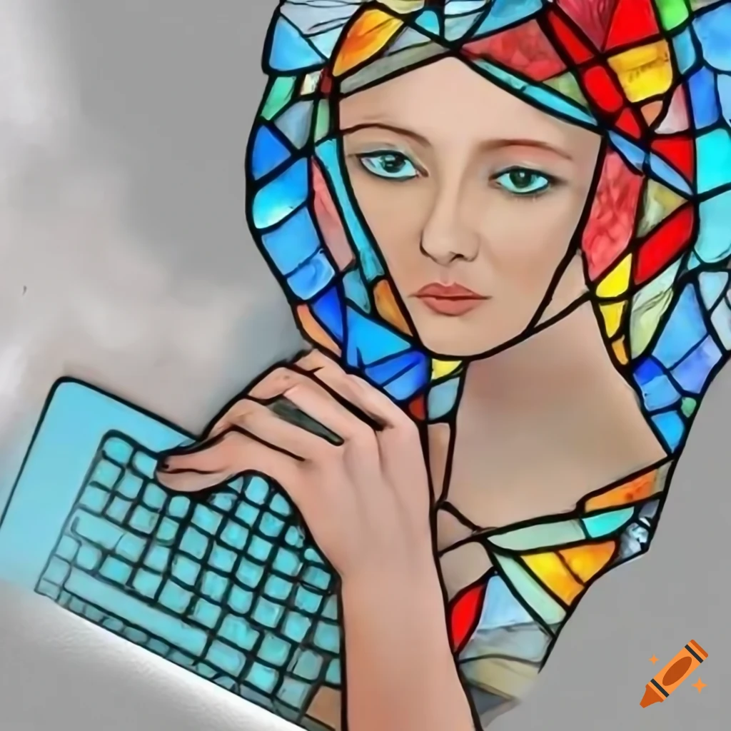 Stained glass window of a woman using a laptop computer on Craiyon
