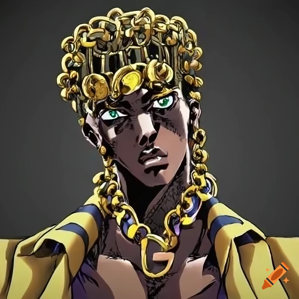 Male character with dark suit and golden chains, curly hair in Jojo's ...