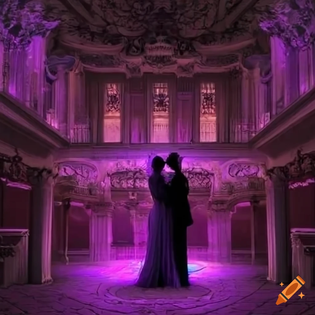 Dark ballroom with purple lighting, ghostly couples dancing under ...