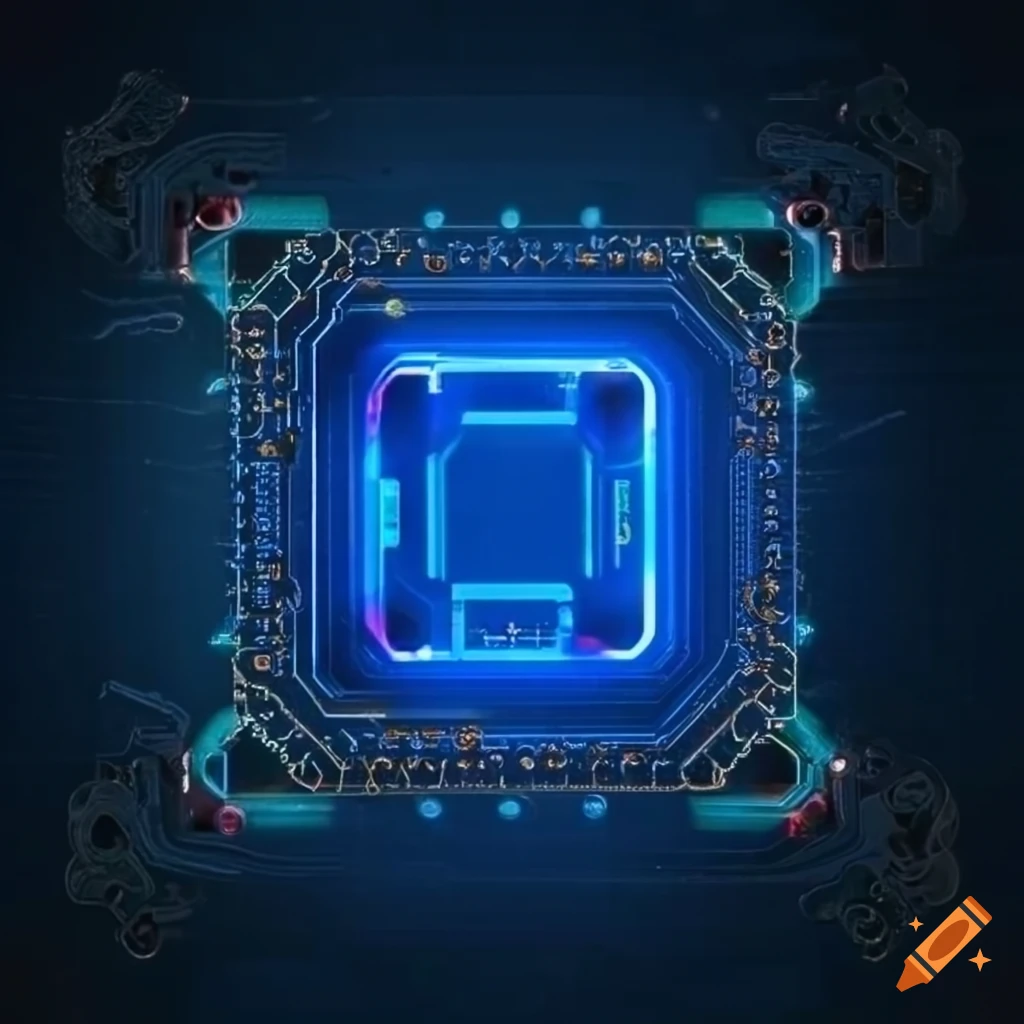 High resolution pcb with glowing blue and red components on Craiyon