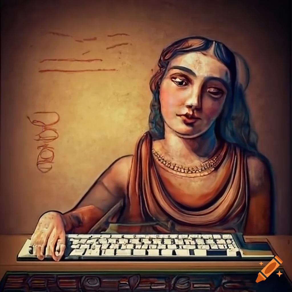 Ancient mural of a woman using a modern computer on Craiyon