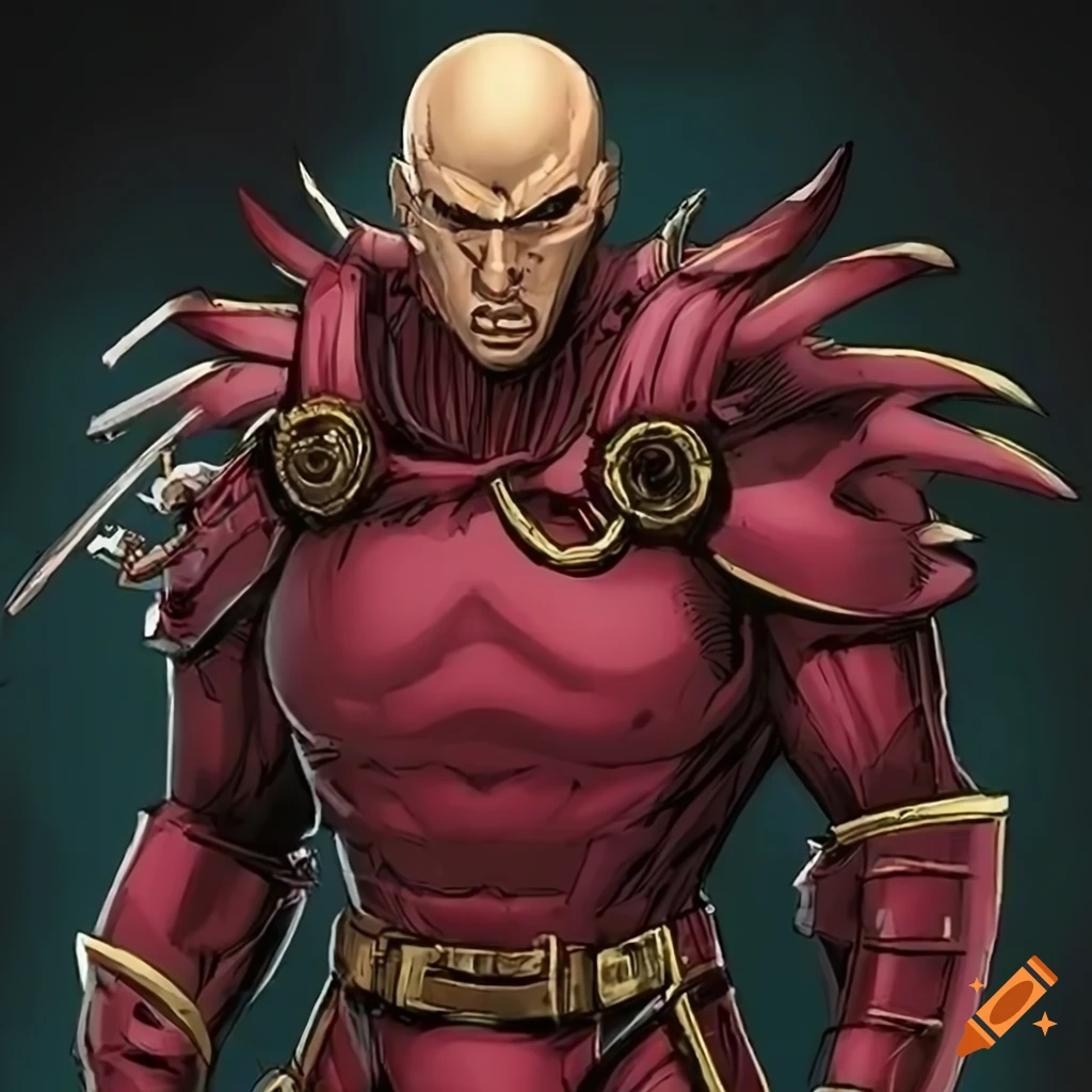 Comic book villain in burgundy tactical armor with golden and black ...