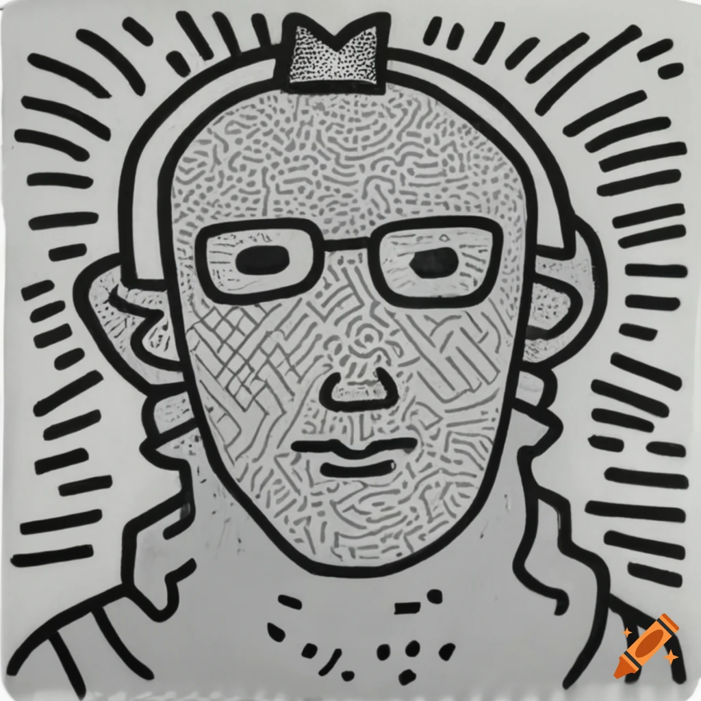 Black and white portrait of a intense man by Keith Haring on Craiyon