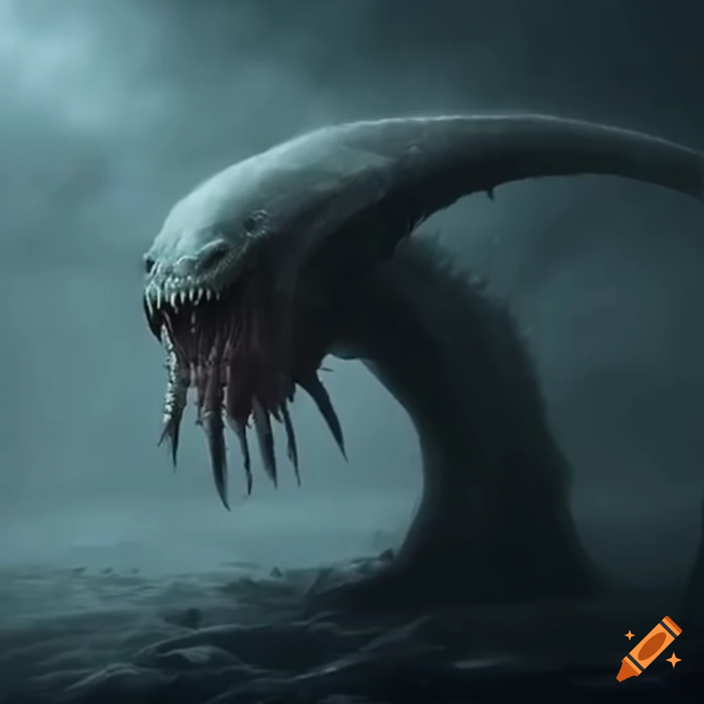 Eerie and gargantuan creature lurking in the misty skies on Craiyon