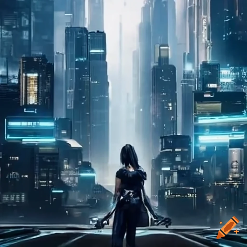 Fierce science-fiction heroine in a futuristic metropolis on Craiyon