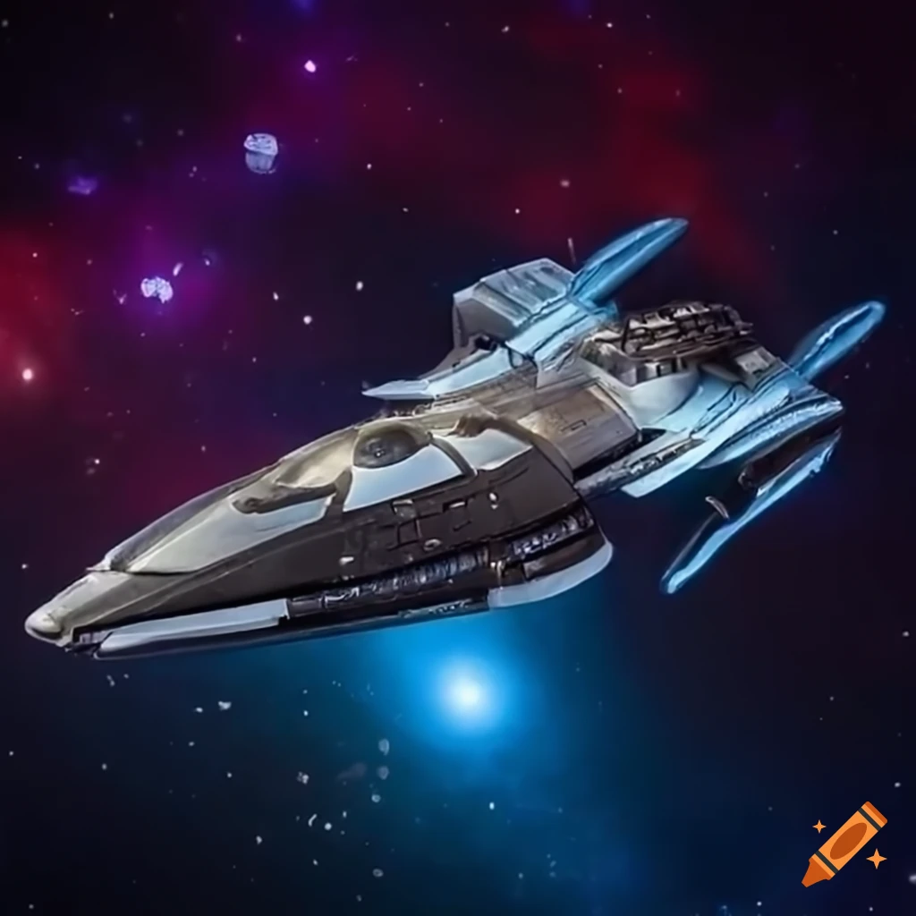 Miniature intergalactic spaceship flying in the vast universe on Craiyon