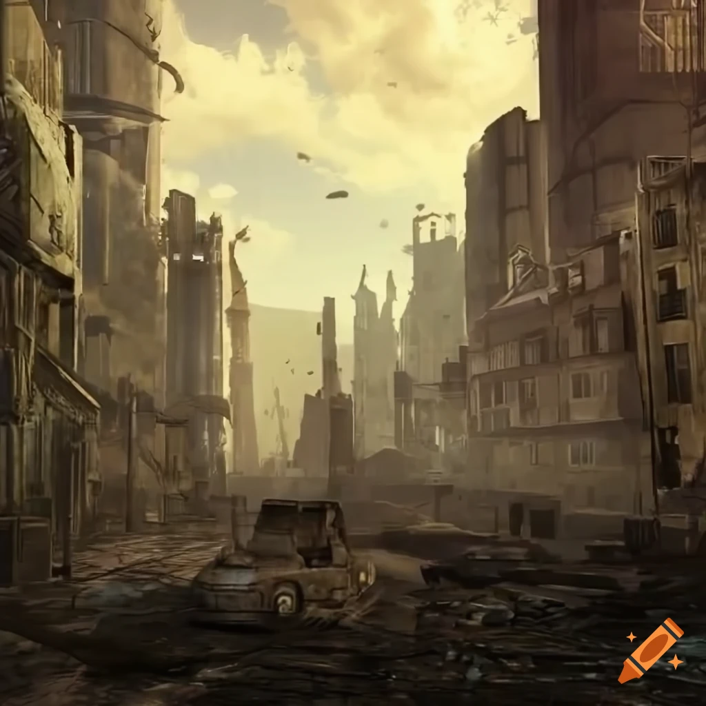 Post-apocalyptic cityscape from fallout 4 game on Craiyon