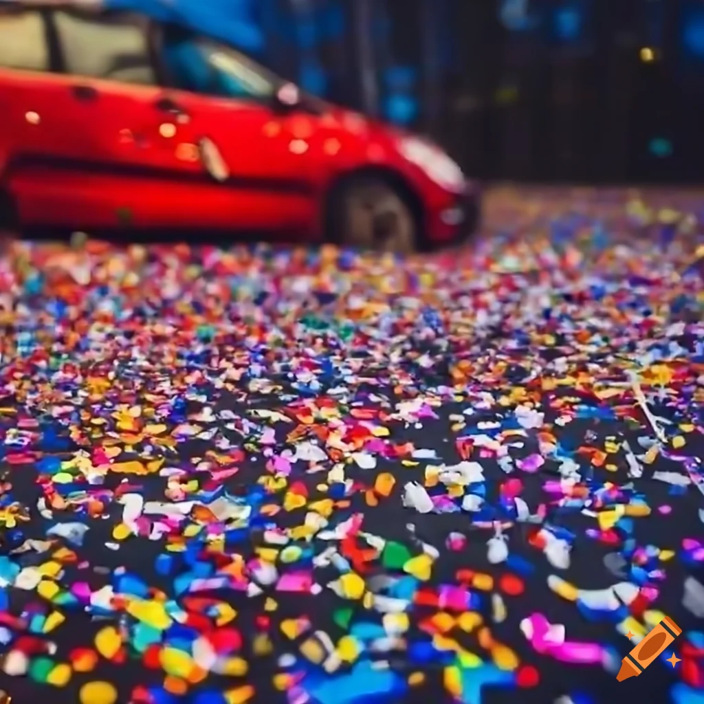 Car crash on highway with colorful carnival confetti and beer bottles ...