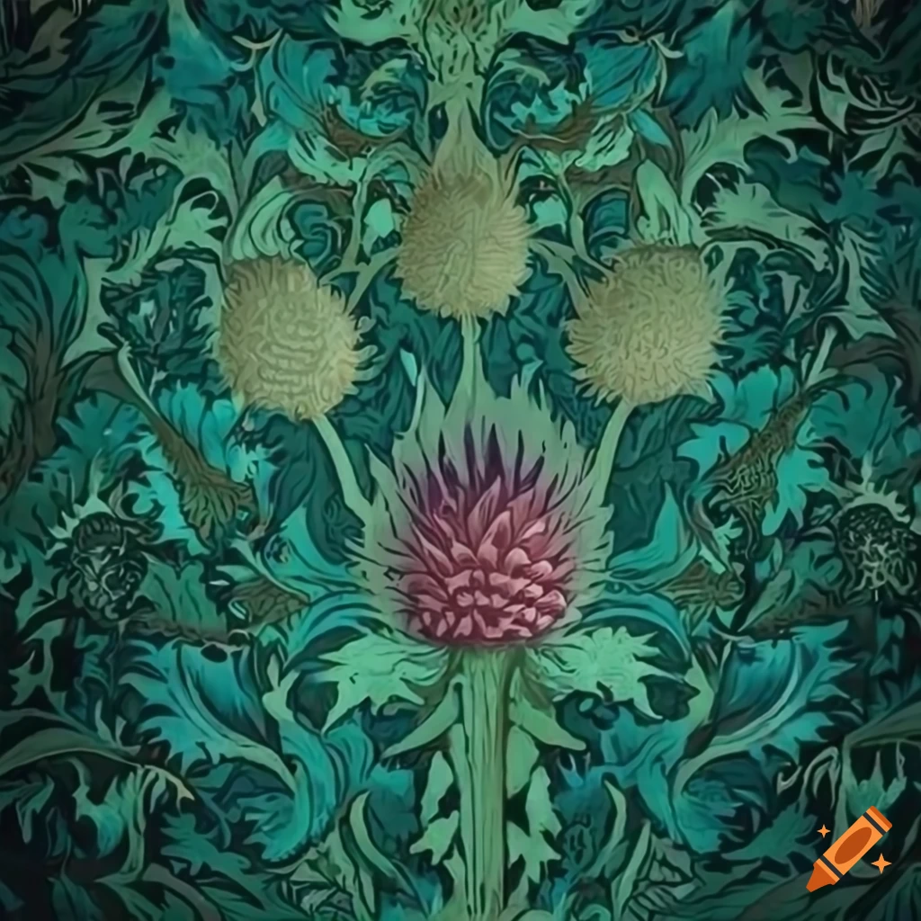 William Morris floral thistle wallpaper with malachite color scheme on dark gradient background ...