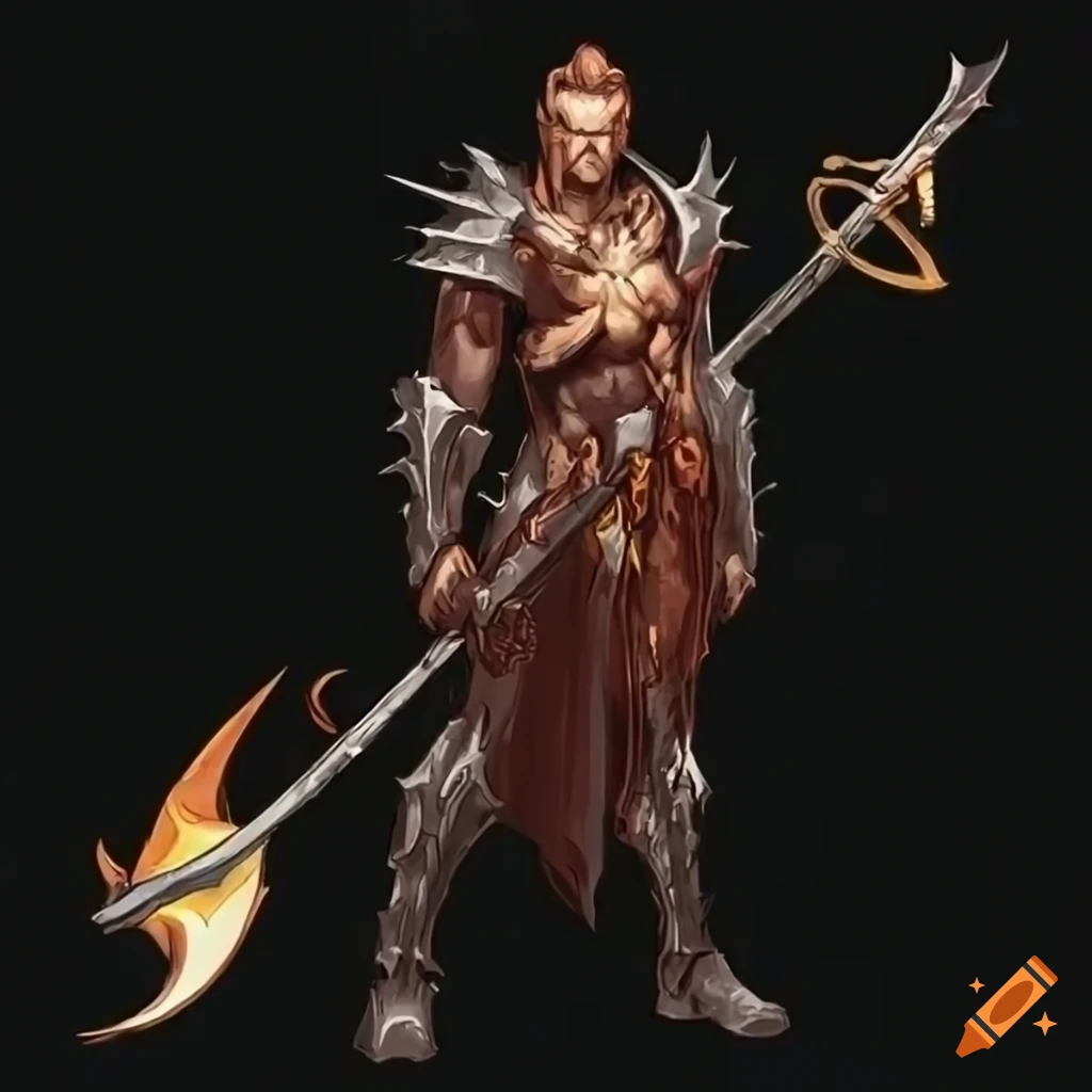 Humanoid male with rock armor and scythe in a fantasy setting on Craiyon