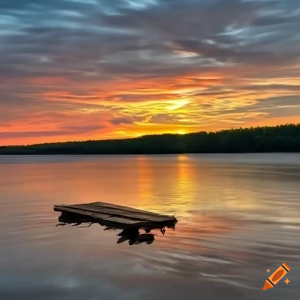 Peaceful sunset over the mississippi river from a wooden raft on Craiyon