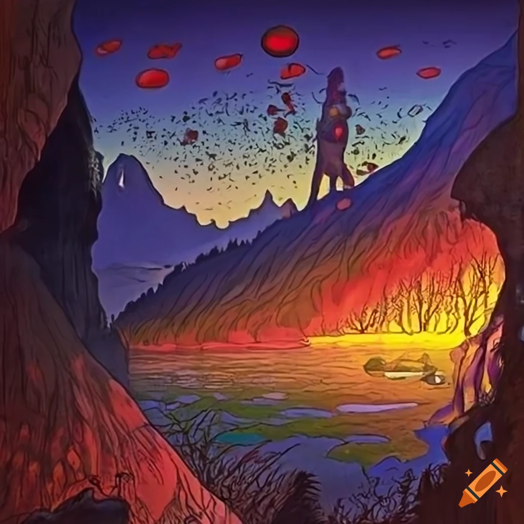 Magical illustration of serpents, oak forest, mountain peaks, and a ...