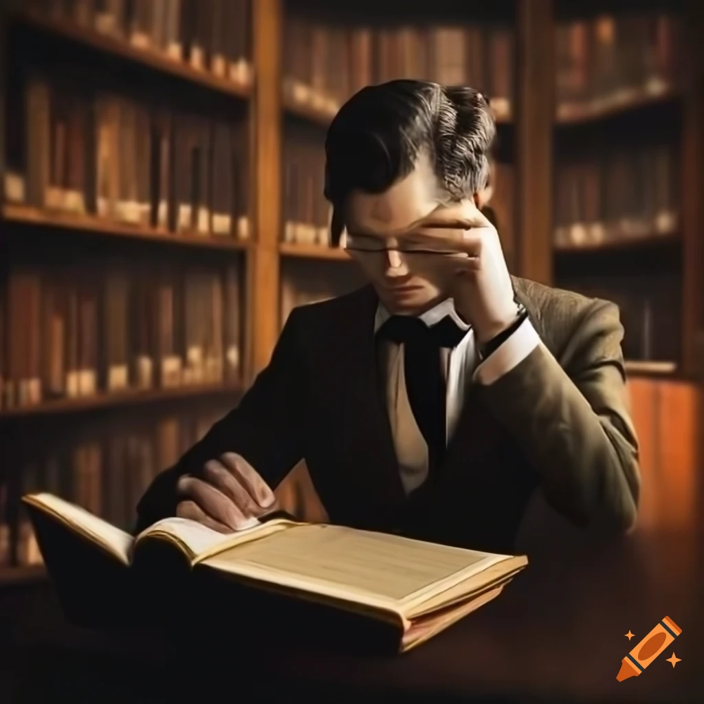 Portrait of a wealthy young man reading books in a dramatic, dimly lit ...