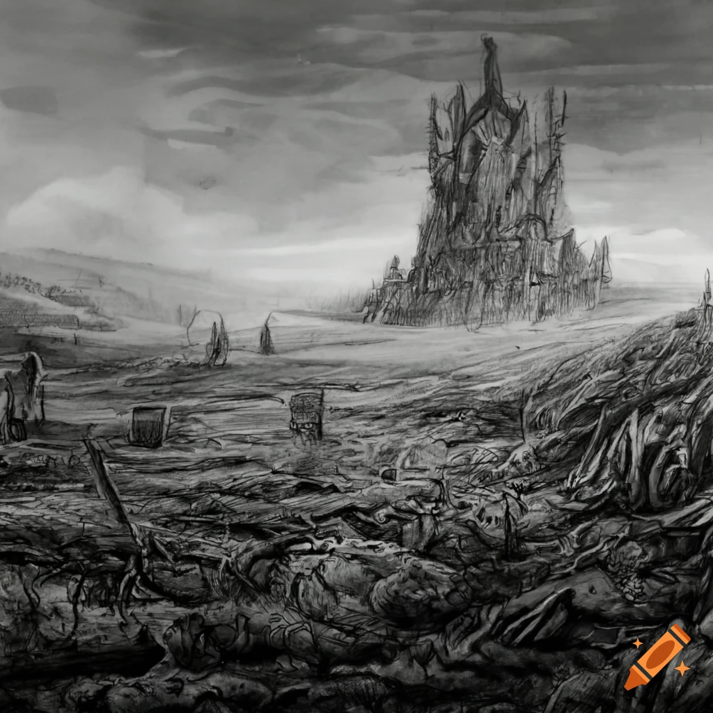 Ink and pen sketch of a desolate medieval fantasy field destroyed on ...