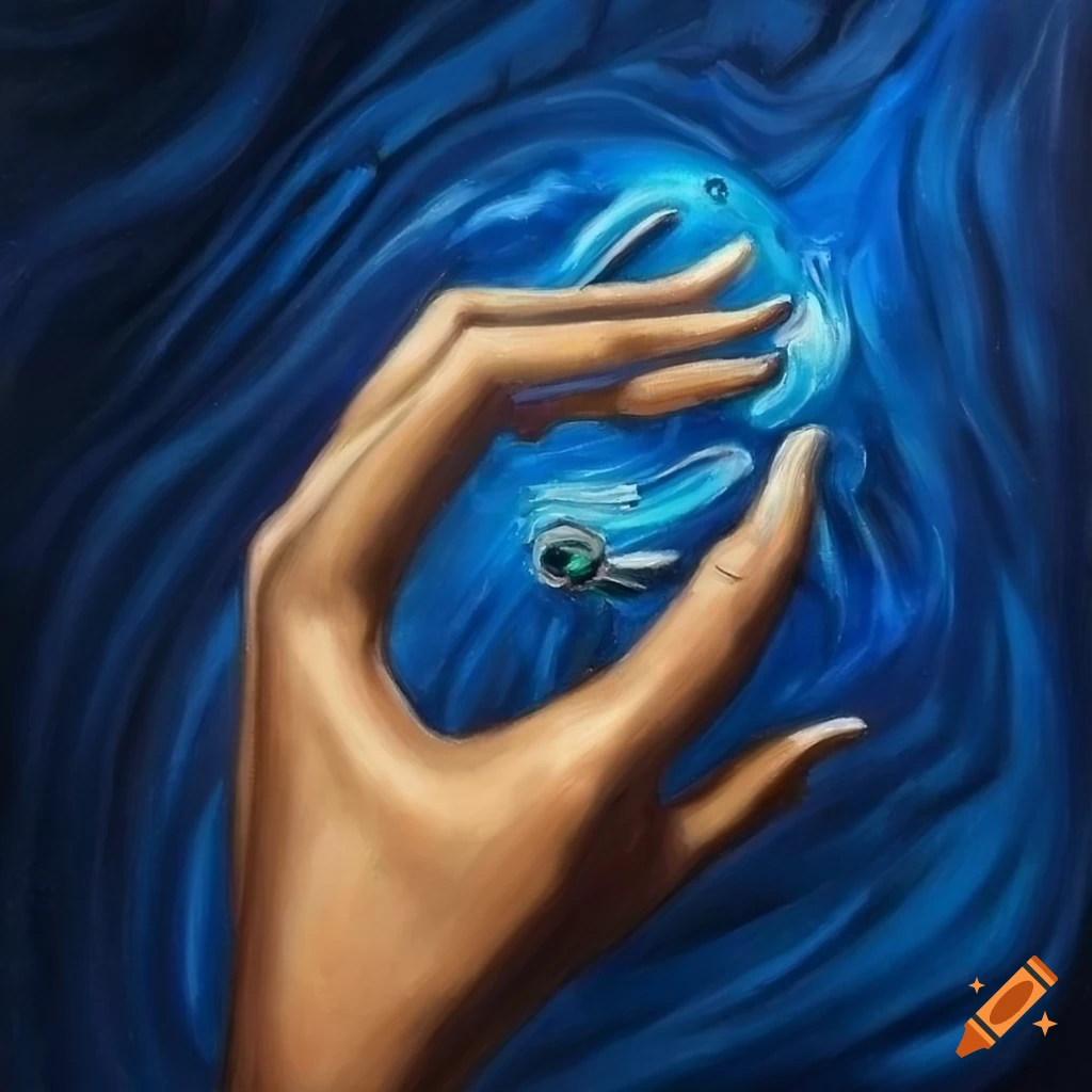 Blue jewelled ring on a hand emanating eldritch power and deep blue ...