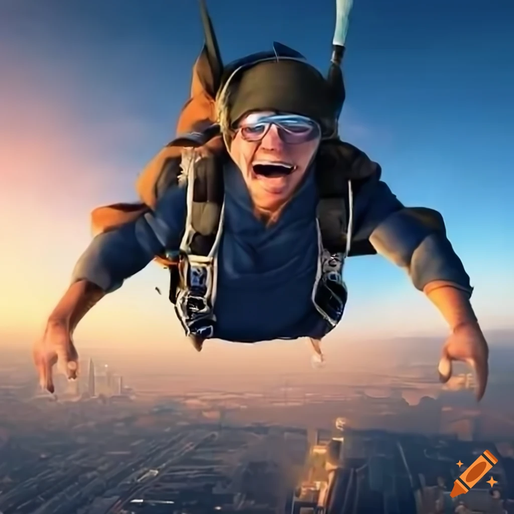Smiling man skydiving with city below and helicopter in the background ...