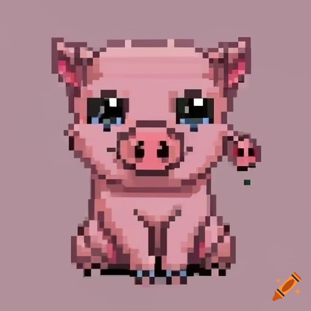 Pixel art of a cute pink pig with big eyes and chubby cheeks on Craiyon
