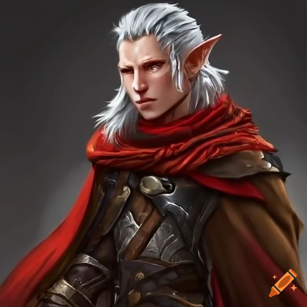 Male elf fighter with silver hair, black eyes, and red scarf on Craiyon