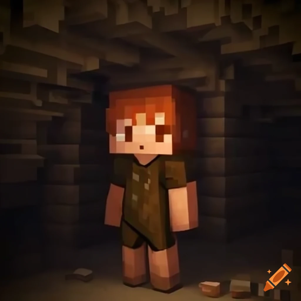 Young child mining in a cave in a minecraft game on Craiyon