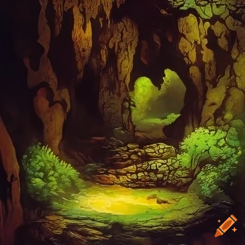 Lush subterranean cave with magical glowing berries and serene water ...