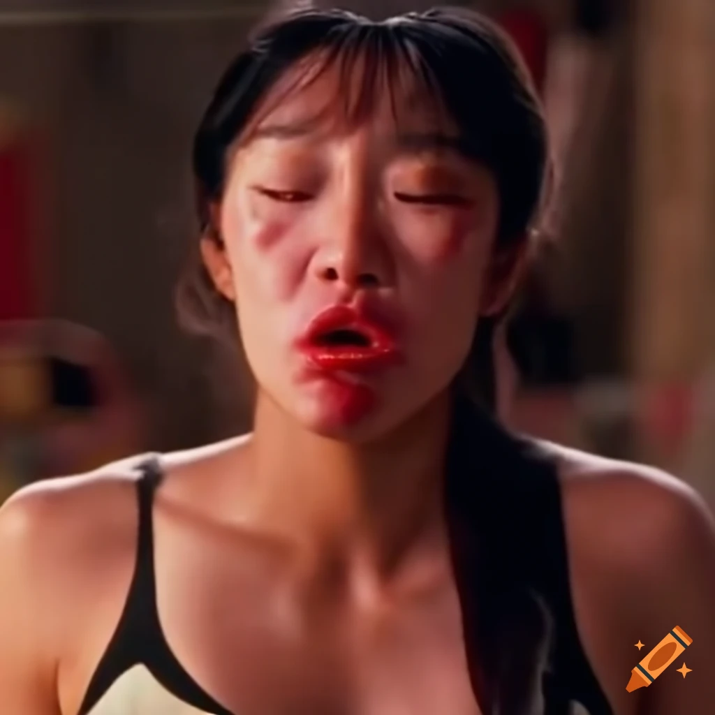 Asian martial arts fighter with bruised face in 80s movie scene on Craiyon