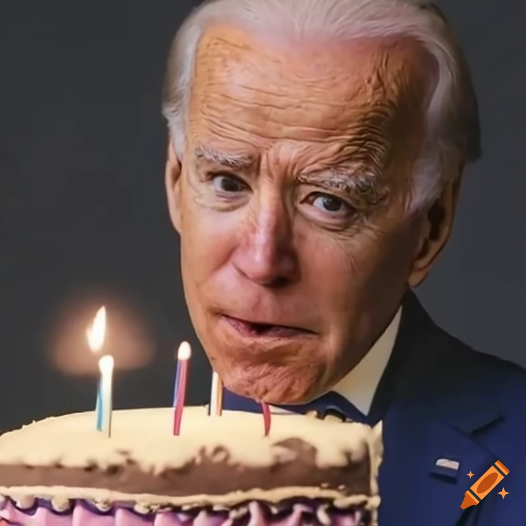 Joe biden inspecting a birthday cake with a confused expression on Craiyon