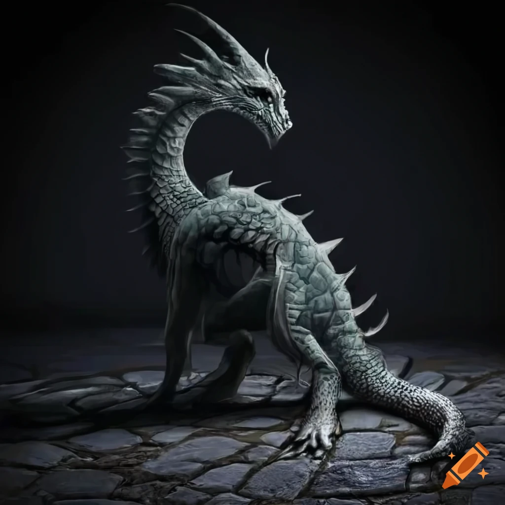 Piebald wingless dragon on a medieval cobblestone road on Craiyon