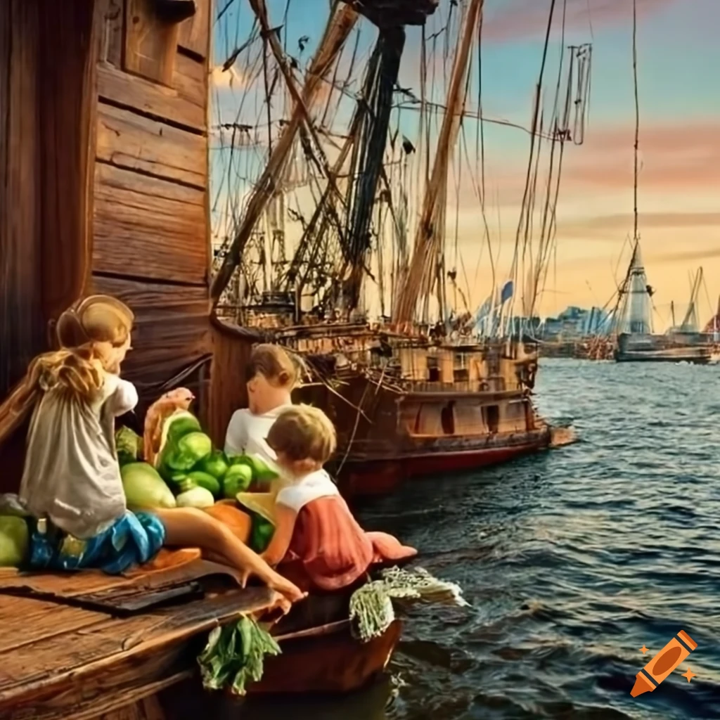 Old wooden warship with children waving on deck and fresh produce ...