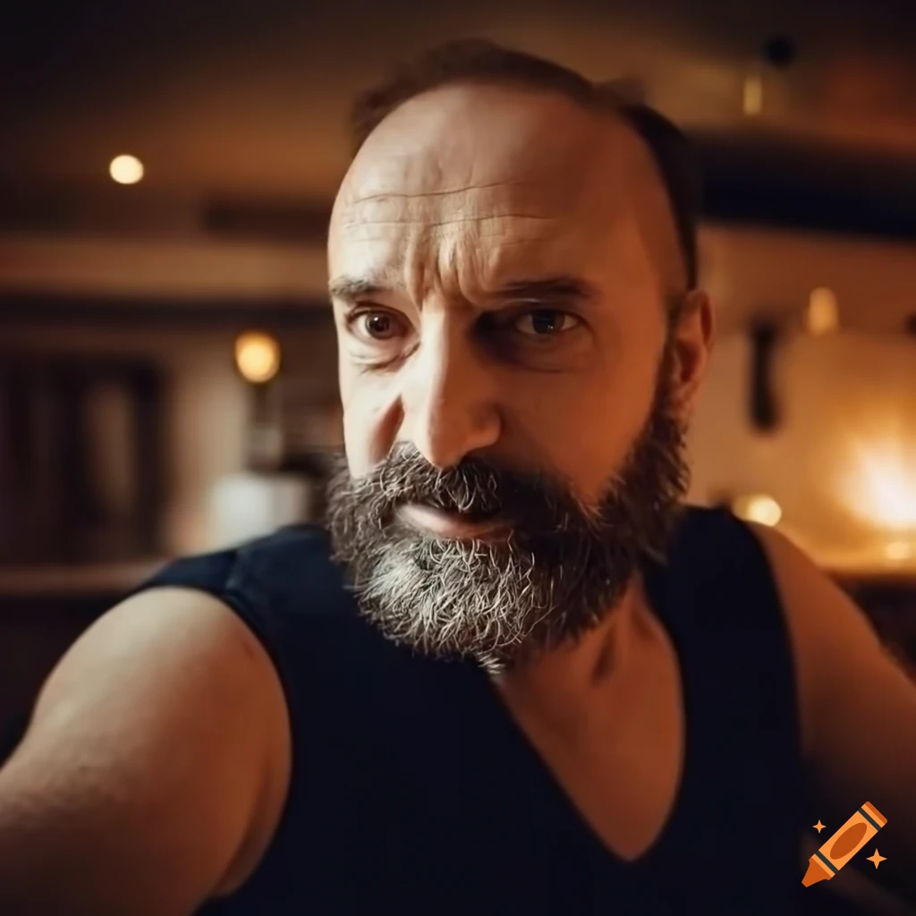 Middle-aged man taking a selfie in a bar setting on Craiyon