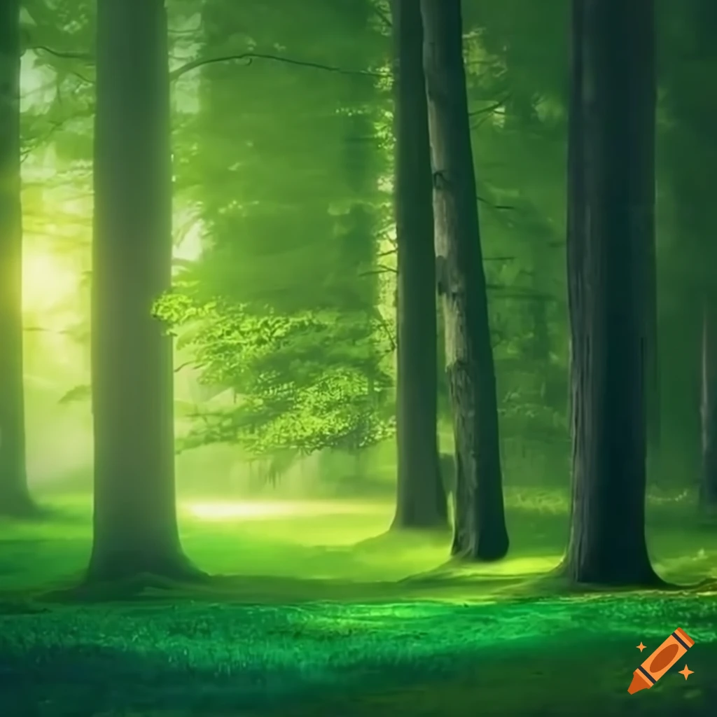 Bright green forest with various types of trees on Craiyon