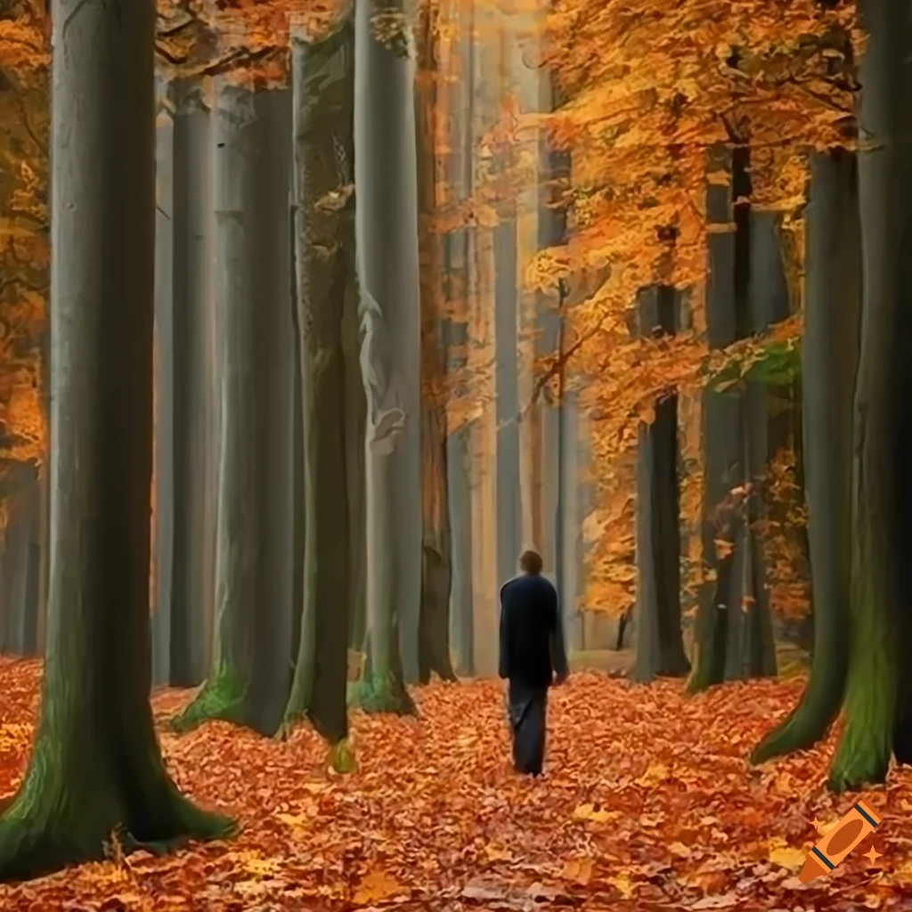 Young man entering a gigantic autumn forest in an illustration on Craiyon