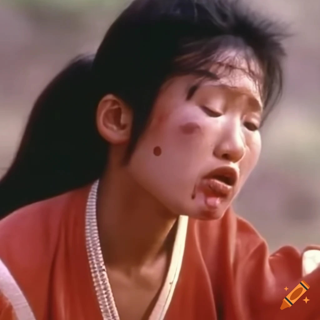 Asian martial arts fighter with bruised face and closed eyes on Craiyon
