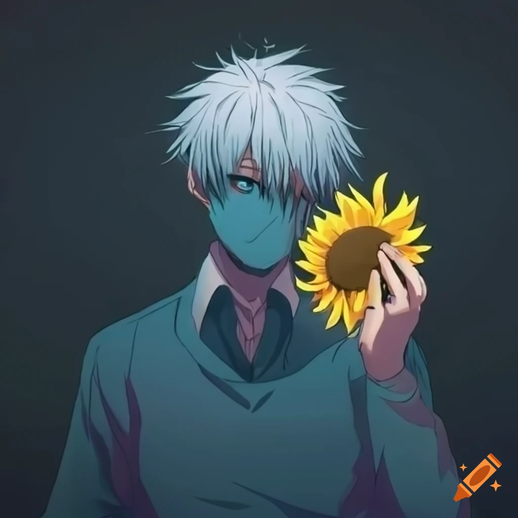 Sad anime hero holding a sunflower in a dark background on Craiyon