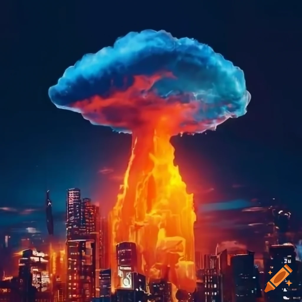 Neon cyberpunk city skyline with orange mushroom cloud explosion on Craiyon