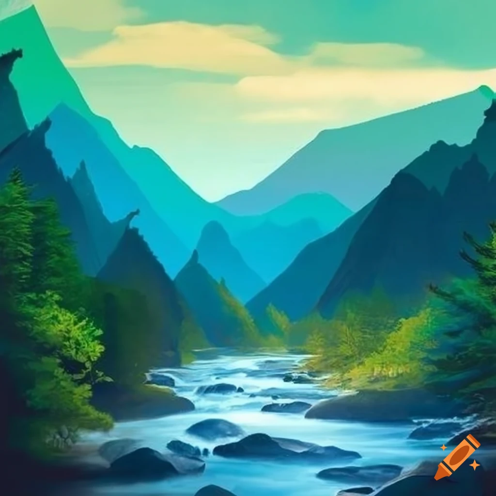 Pseudorealistic mural of Blue Ridge mountains with a river and vibrant ...