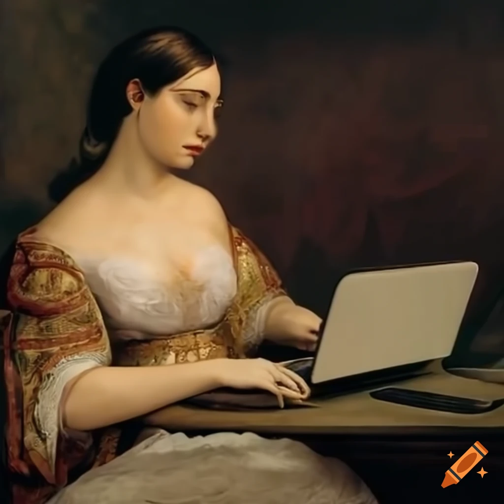Ancient art of a woman using a laptop on Craiyon